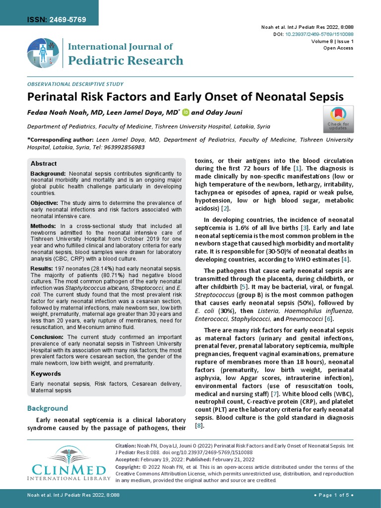 Perinatal Risk Factors and Early Onset of Neonatal Sepsis PDF | PDF ...
