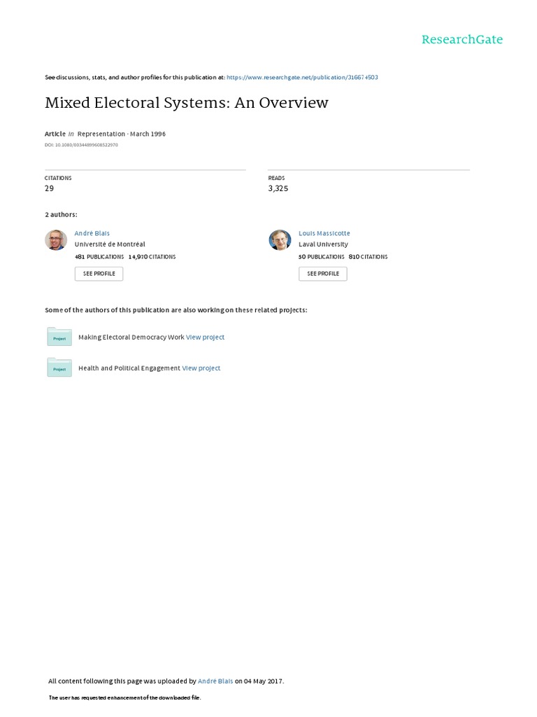 Mixed Electoral Systems: An Overview: Representation March 1996 | PDF ...