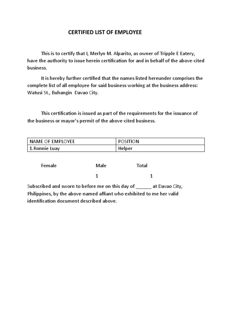 Certified List of Employee | PDF