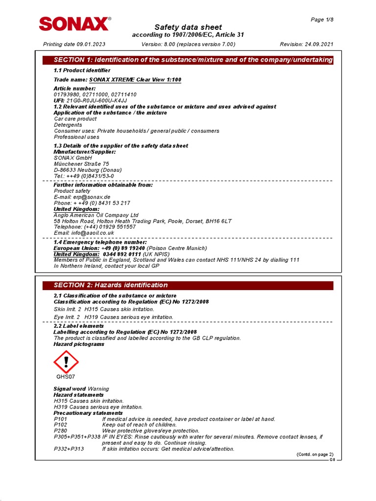 Sonax Xtreme Clear View 1:100 | PDF | Dangerous Goods | Toxicity