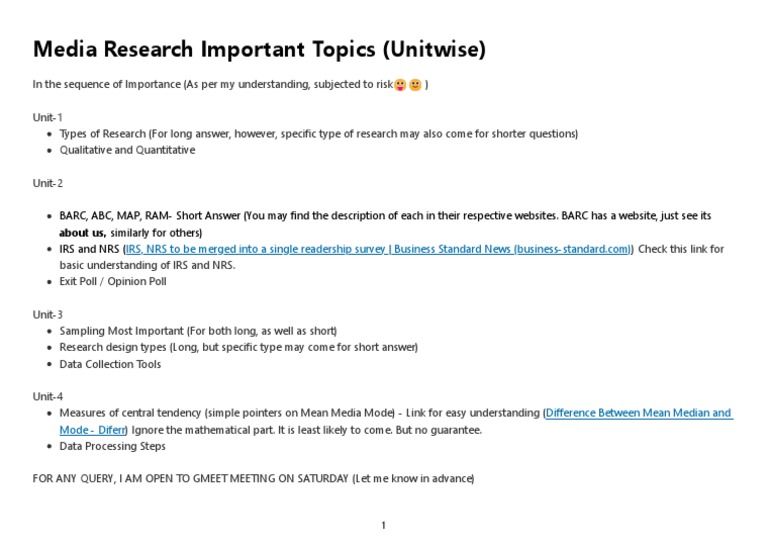 Media Research Important Topics (Unitwise) | PDF Media Research Important Topics (Unitwise) | PDF