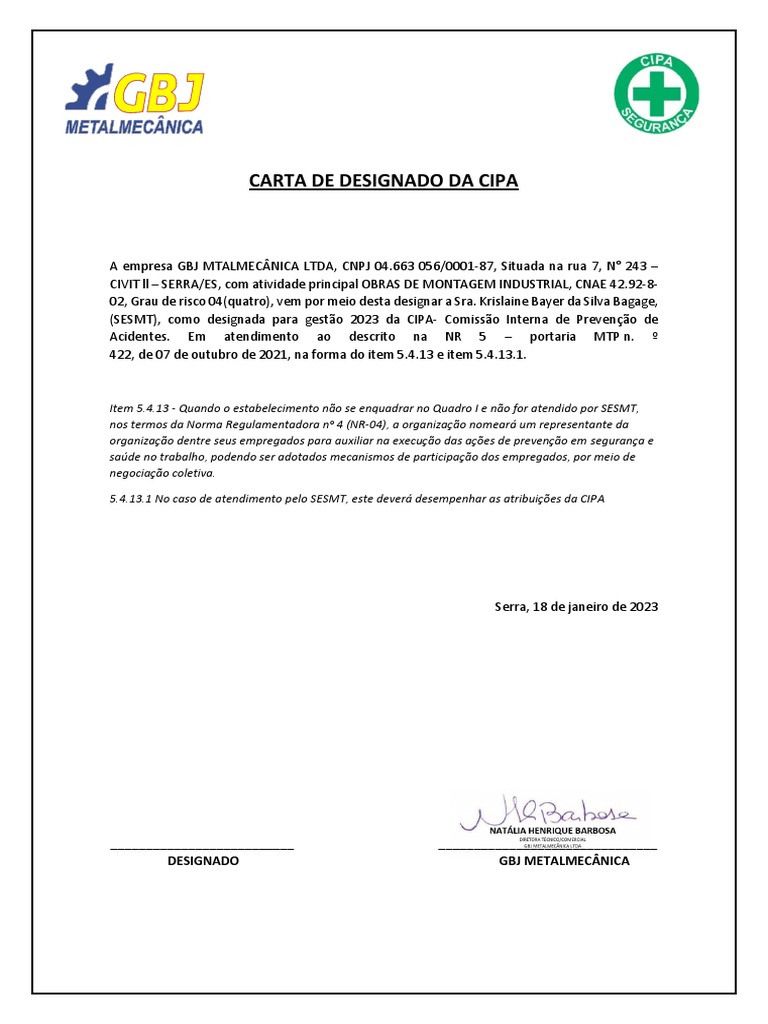 Carta de Designado Da Cipa 2023 Chemtrad (00000003) | PDF | Finanças e ...