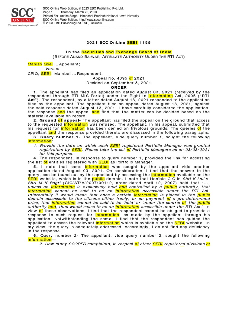 Manish Goel V.sebi | PDF | Fiduciary | Judgment (Law)