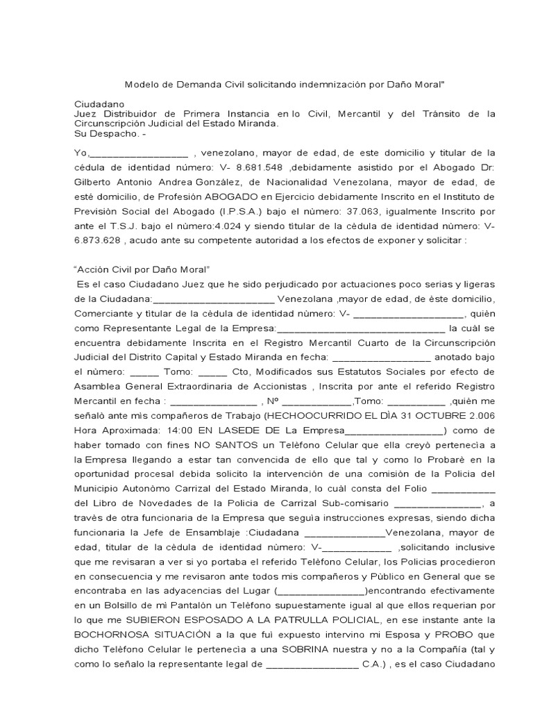 Modelo De Demanda Civil Solicitando Indemnización Por Daño Moral
