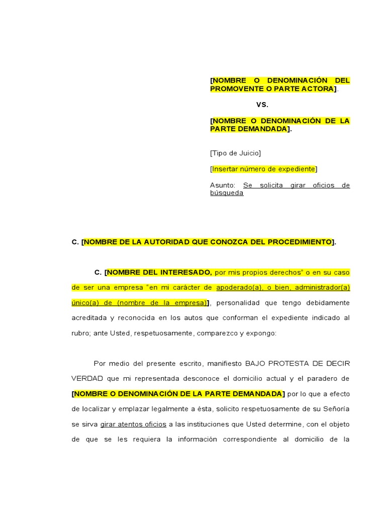 Escrito para Solicitar Girar Oficios de Busqueda | PDF Escrito para Solicitar Girar Oficios de Busqueda | PDF