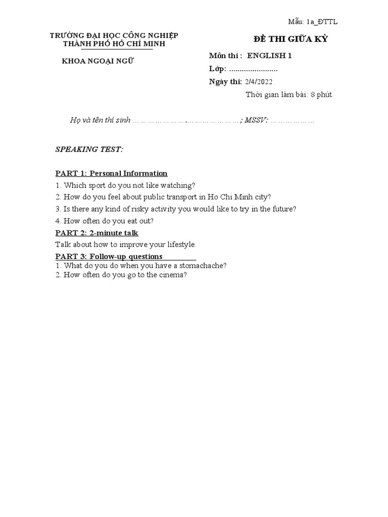 Sample Speaking Test (AV1 Và TA1) | PDF