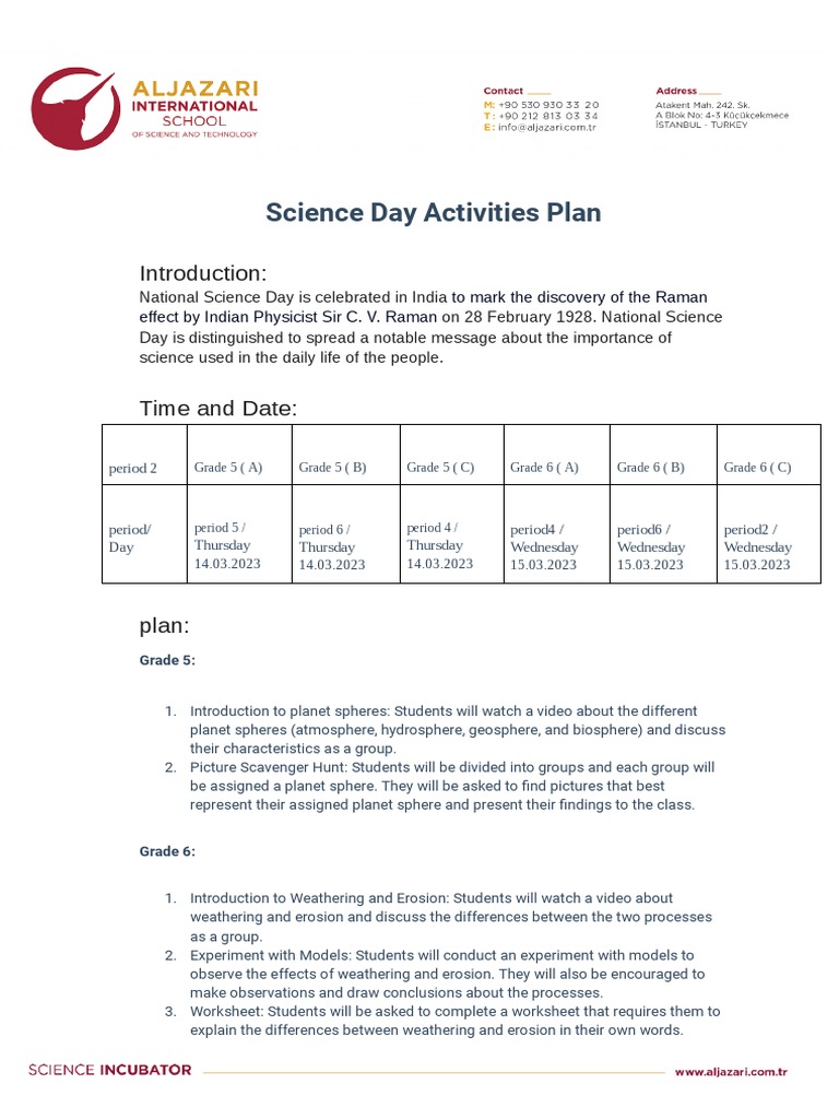 Science Day Activities Plan | PDF