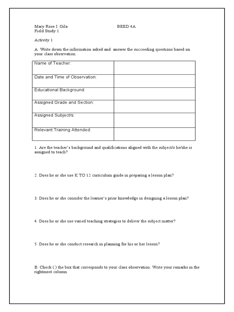 Field Study 1 Activity | PDF | Lesson Plan | Classroom Field Study 1 Activity | PDF | Lesson Plan | Classroom