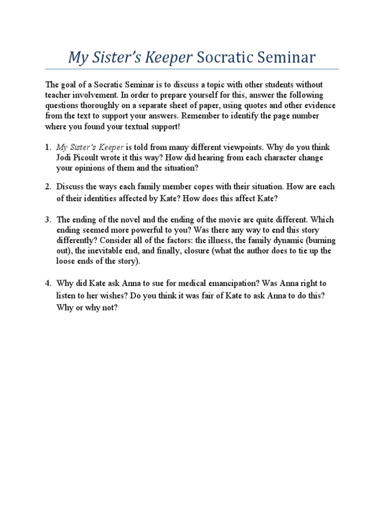 My Sister's Keeper Socratic Seminar Guide | PDF | Self-Improvement