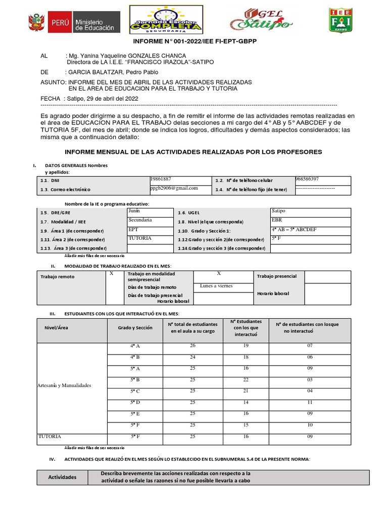 Informe #001 - 2022-Iee Fi Ept - 4°ab 5°abcdef-Gbpp | PDF | Evaluación | Aprendizaje