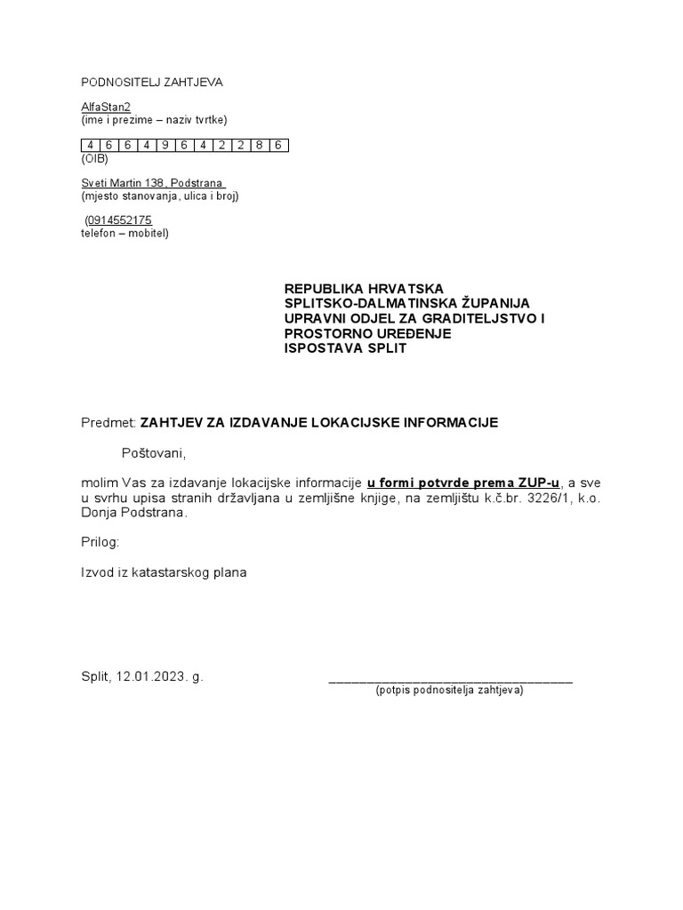 Zahtjev za lokacijsku informaciju potvrda za strance županija | PDF