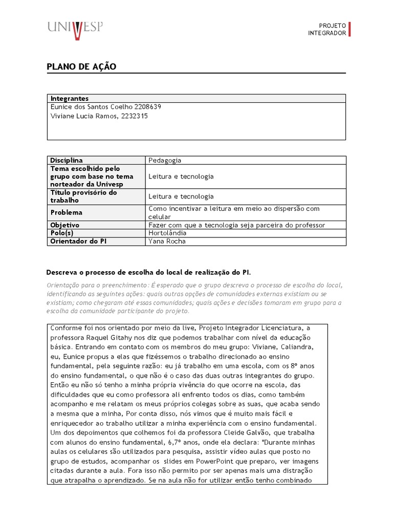 Modelo-Plano - de - Acao Projeto Integrador (2) - SUGESTÕES YANA | PDF | Pedagogia | Escolas
