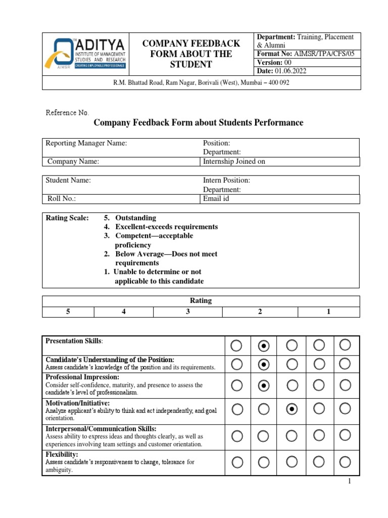 05-Company Feedback Form About Students Performance | PDF | Communication | Behavioural Sciences