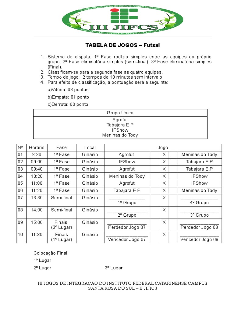 Tabela de Jogos - Futsal | PDF