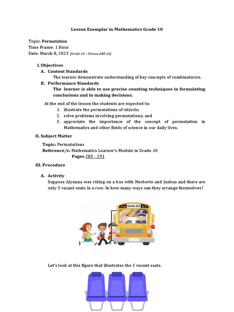 Grade 10 Permutation Lesson Plan | PDF | Permutation | Mathematics