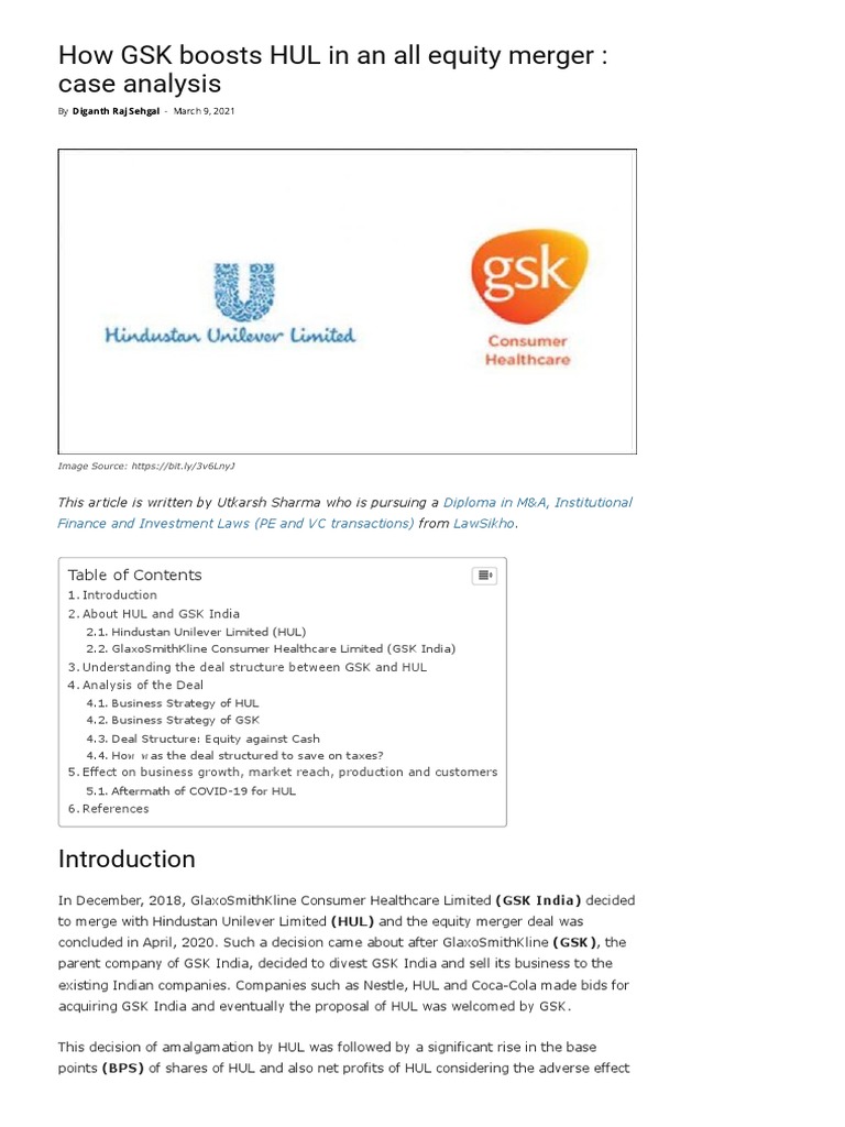 How GSK Boosts HUL in An All Equity Merger - Case Analysis - Ipleaders ...