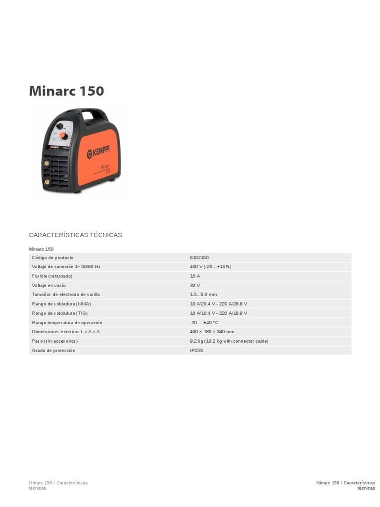 Soldadora Kemppi Minarc 150: Especificaciones | PDF