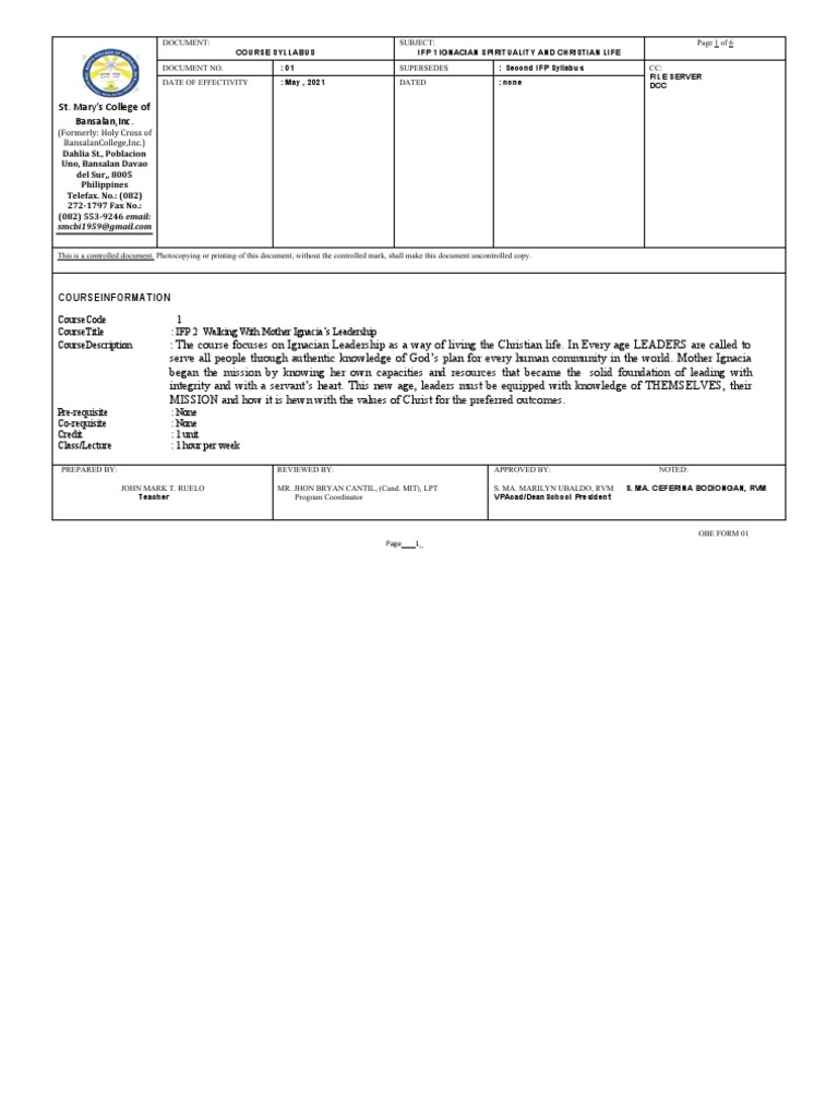 IFP 102 Syllabus - Ignacian Spirituality For Mission | PDF | Catholic ...
