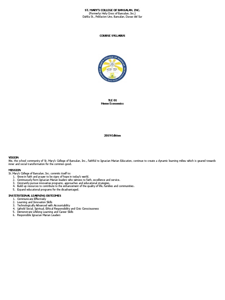 TLE 01 Syllabus - Edukasyong Pantahanan at Pangkabuhayan | PDF | Food Safety | Breads