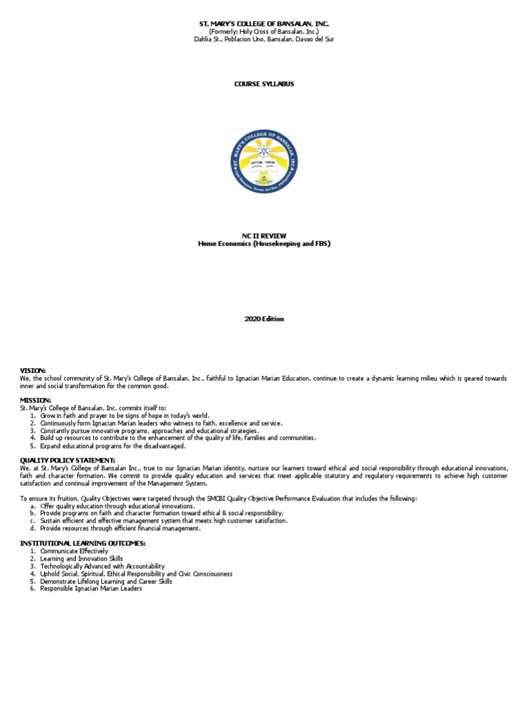 Housekeeping NC II Course Syllabus | PDF