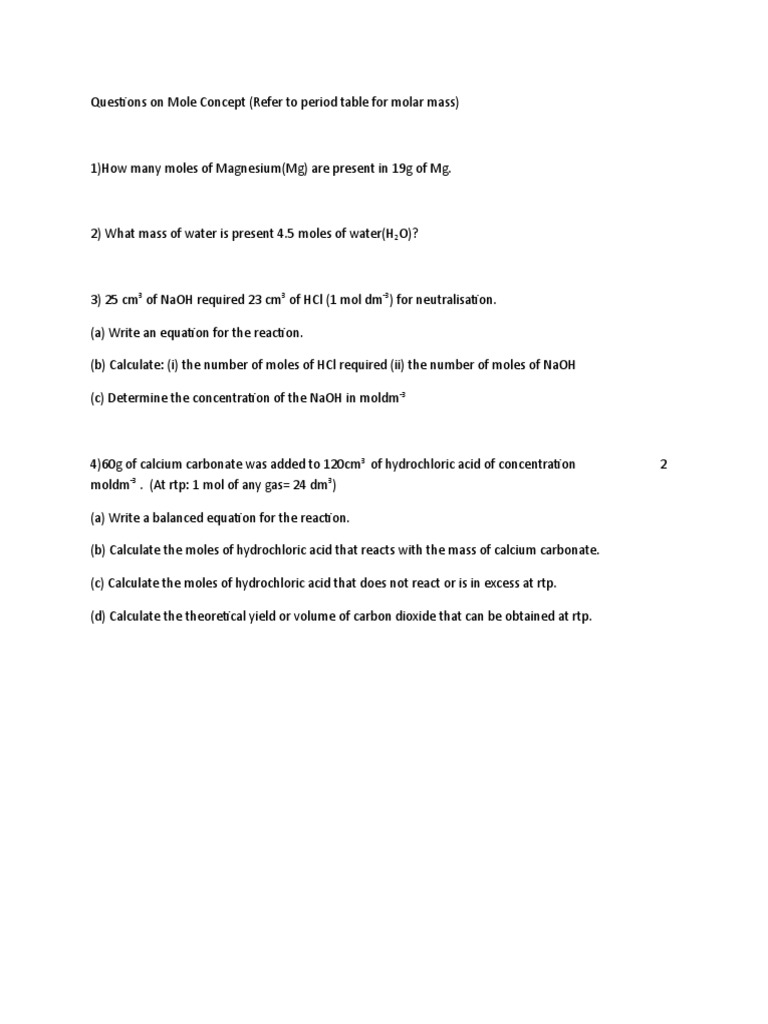 Mole Concept Questions and Calculations | PDF