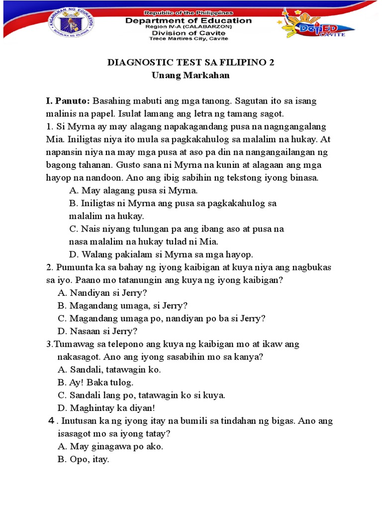 Diagnostic Test Sa Filipino 2 | PDF