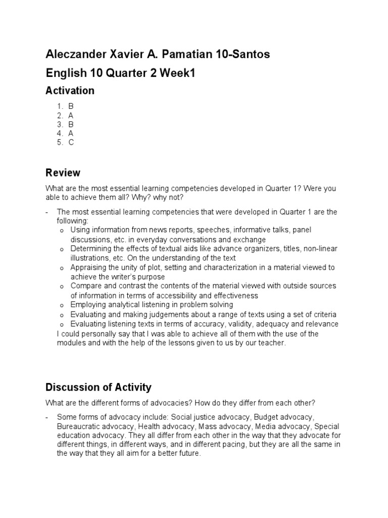 Aleczander Xavier A Pamatian 10-Santos English 10 Q2 W1 | PDF ...