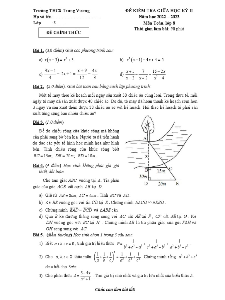 De Giua Hoc Ky 2 Toan 8 Nam 2022 2023 Truong Thcs Trung Vuong Ha Noi PDF | PDF