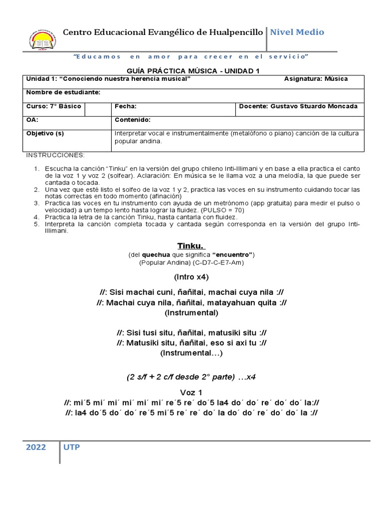 Guía - 1° Unidad 7°A y B Tinku Melodía y Letra | PDF | Las artes ...