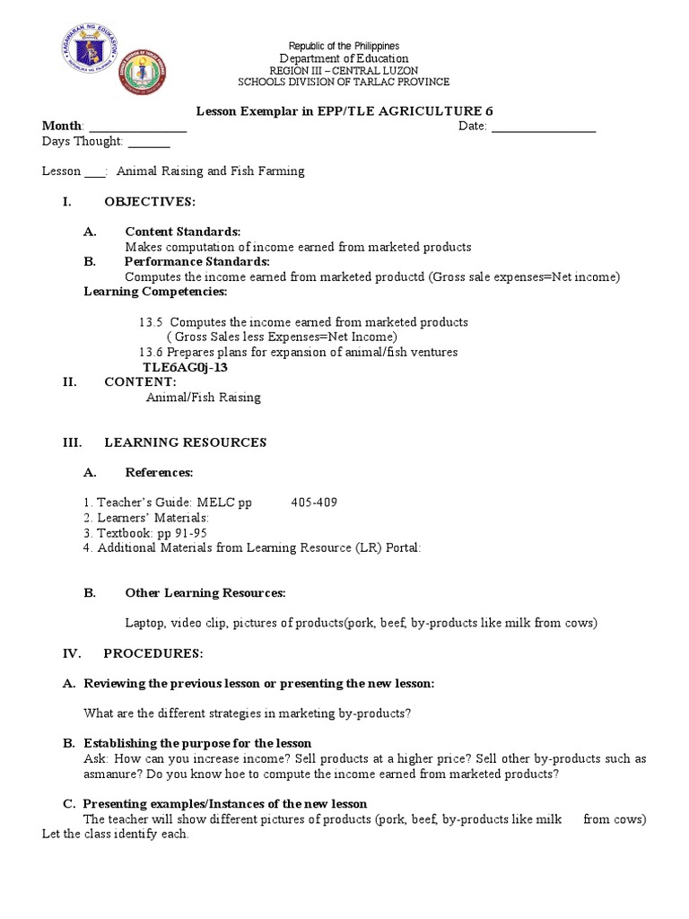 LESSON EXEMPLAR in EPP-TLE 6-Agri - 13.5 | PDF | Pig | Learning