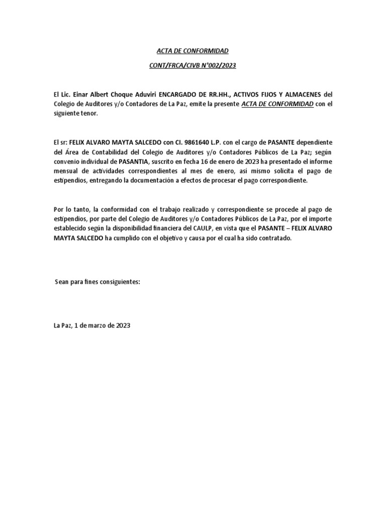 Acta de Conformidad de Pasantía 2023 | PDF