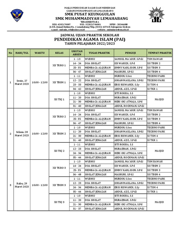 Jadwal Ujian Praktik Pai 2023 | PDF