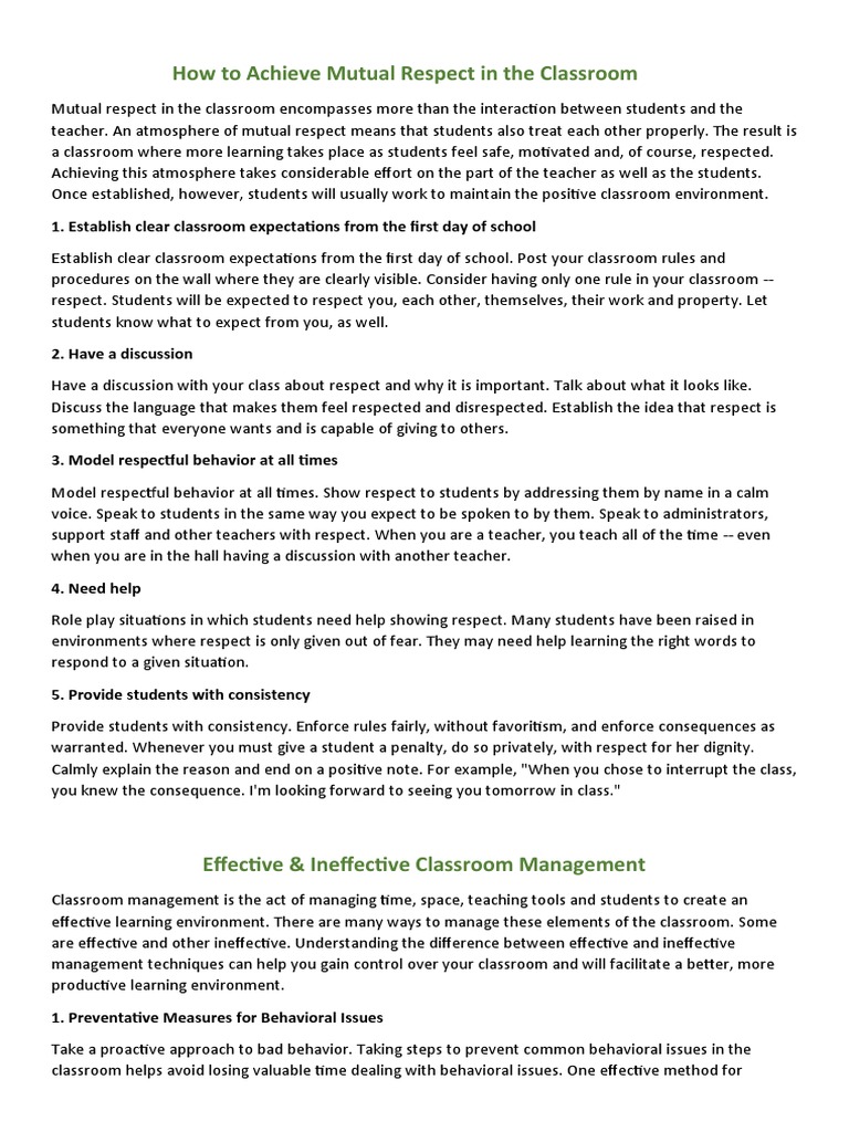 Promoting Mutual Respect in Classrooms | PDF | Classroom Management ...