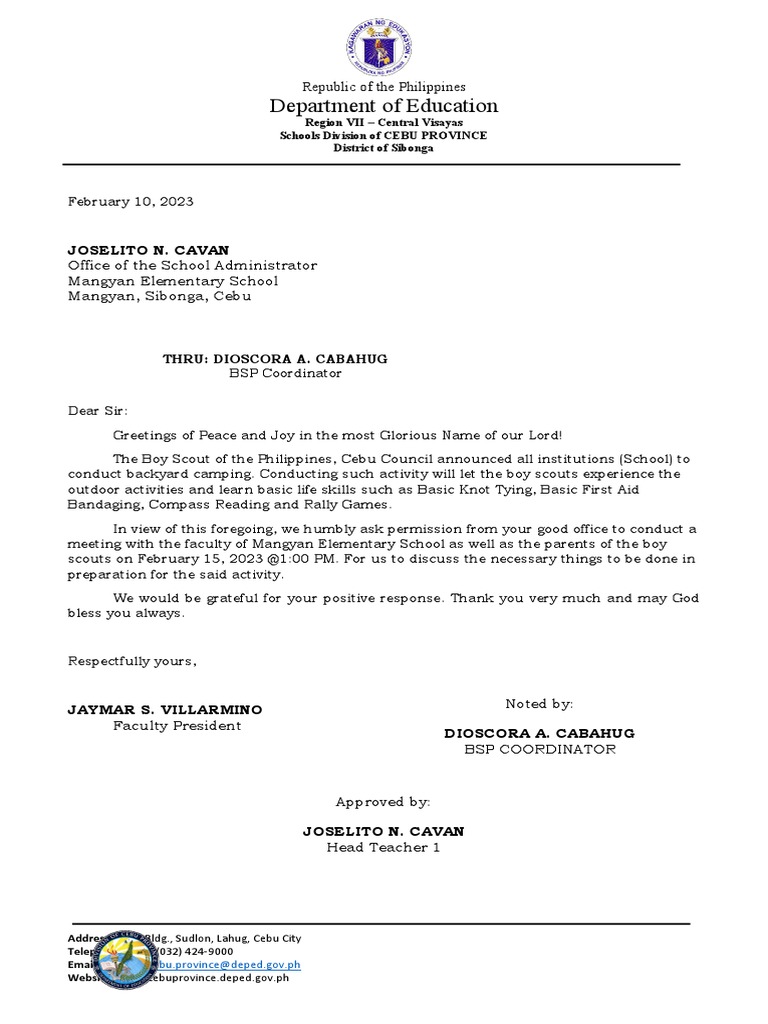 Letter To Conduct BSP Meeting | PDF | Scouting | Youth Organizations