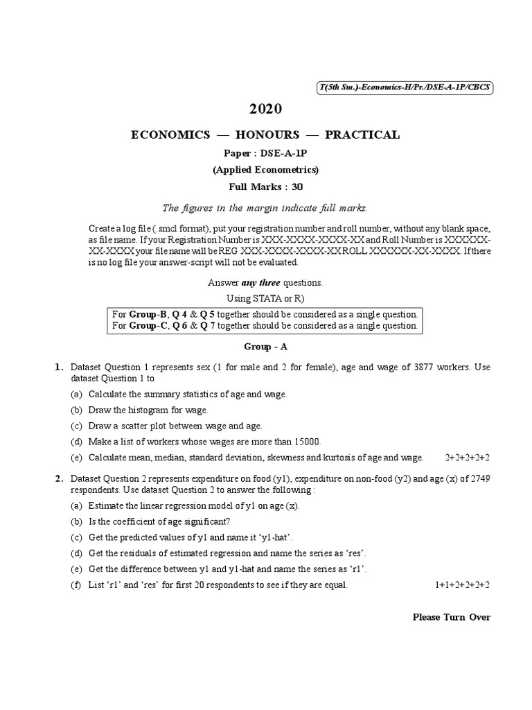 CU-2020 B.A. B.Sc. (Honours) Economics Semester-V Paper-DSE-A-1P Practical QP | PDF | Regression ...