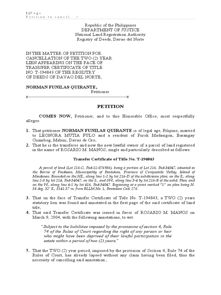 Petition For Cancellation of 2 YEAR LIEN | PDF | Civil Law (Common Law ...