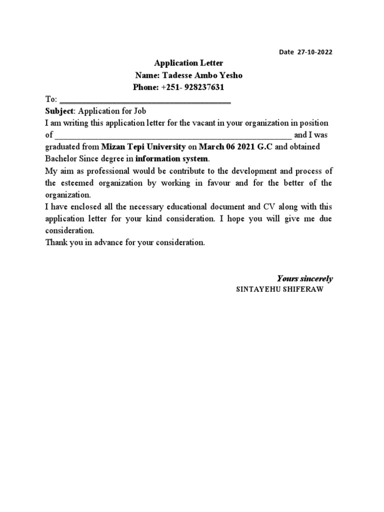 Application Letter Tadesse | PDF
