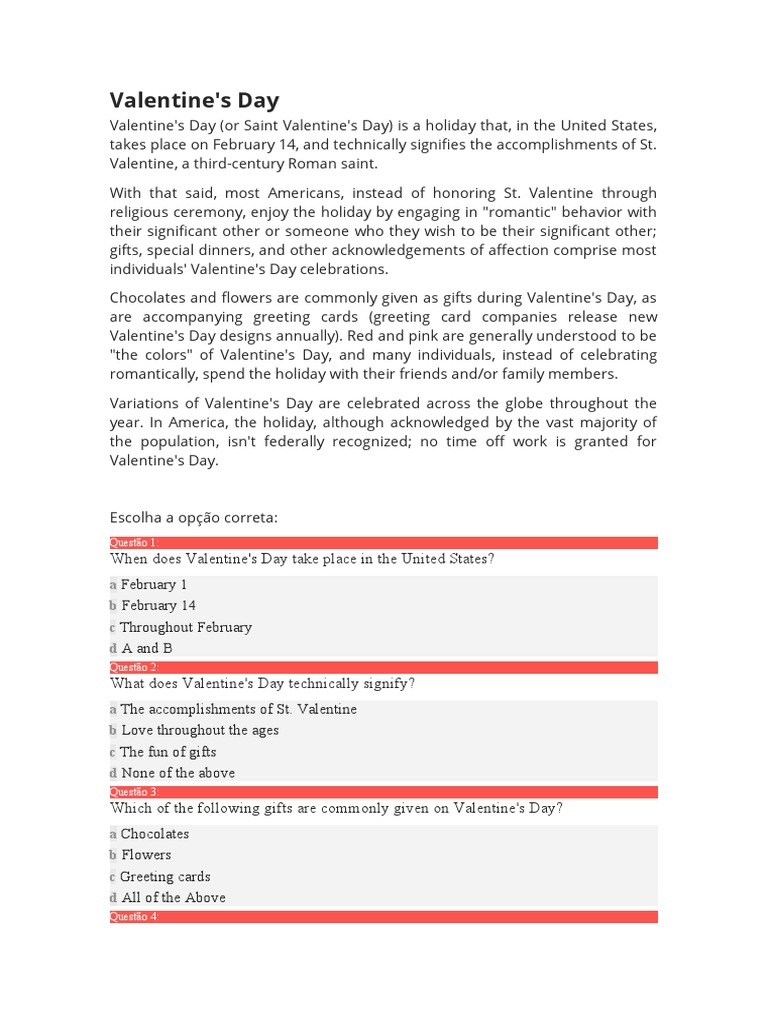 Valentine's Day Quiz for Learners | PDF | Social Science | Religion ...