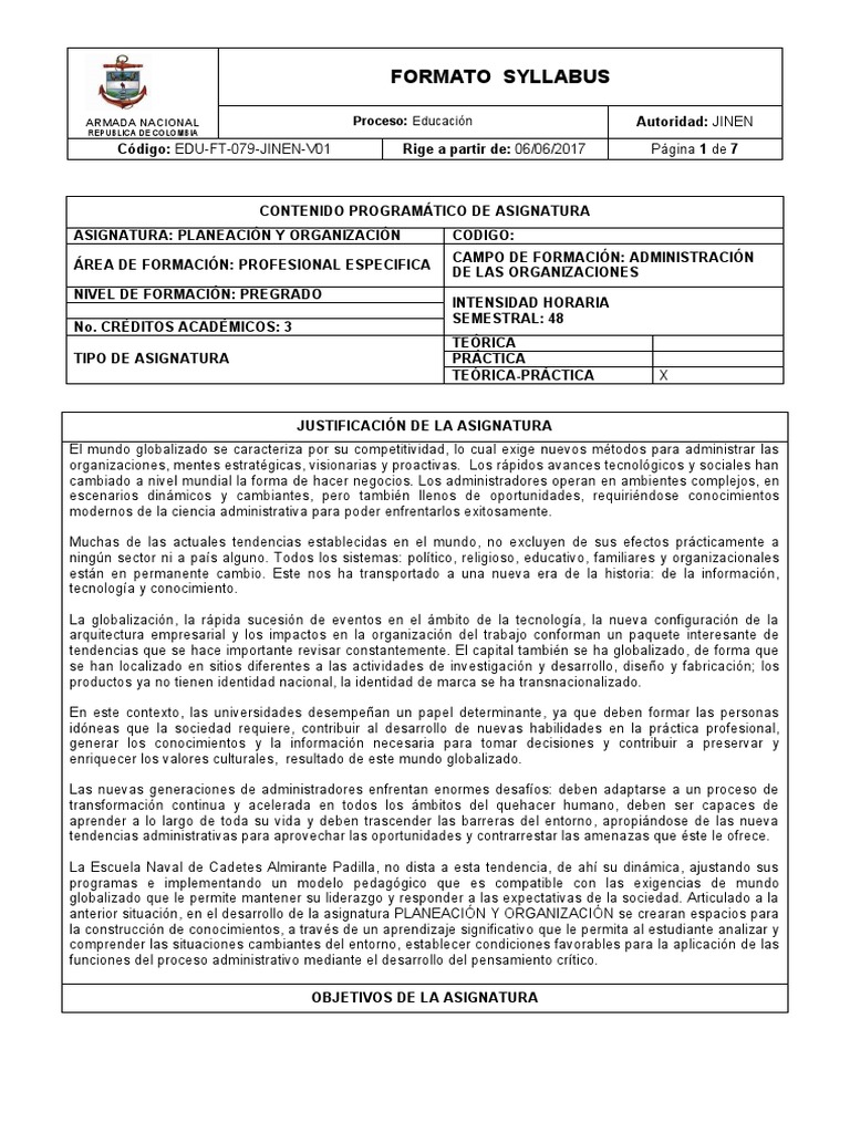 Syllabus Planeación y Organización | PDF | Aprendizaje | Enseñando