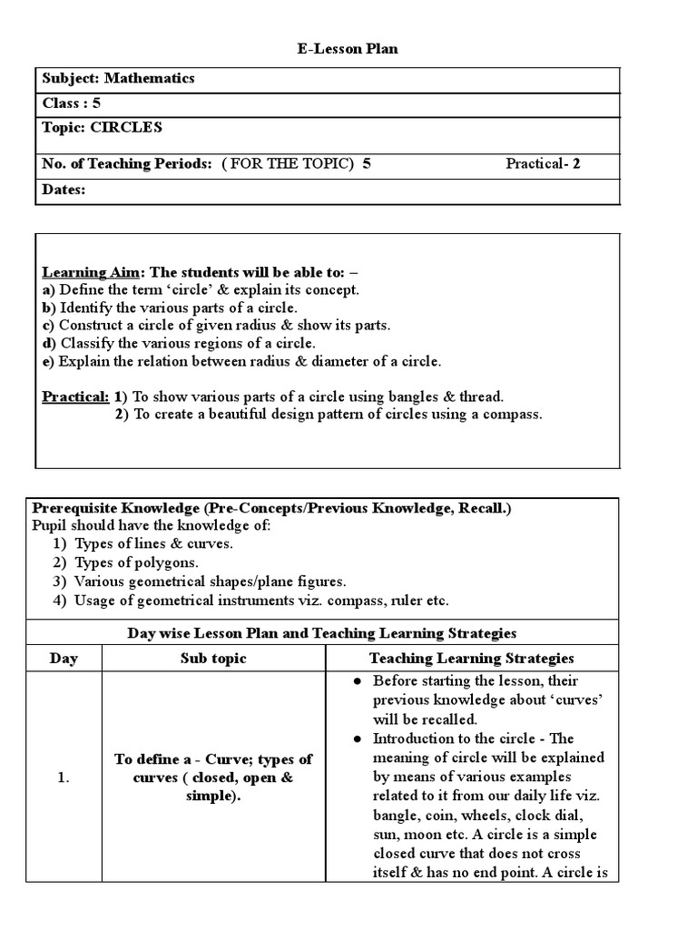 E - Lesson Plan Mamta Sood (2022-2023) PDF | PDF | Circle | Diameter