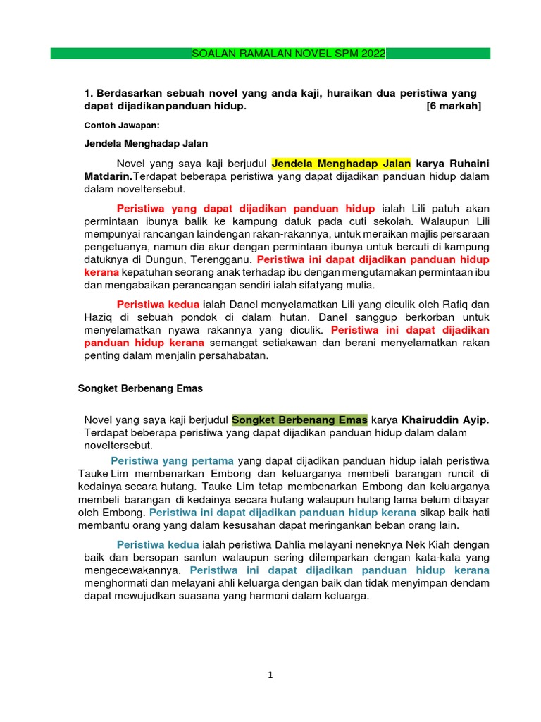 Soalan Spot Novel SPM 2022 | PDF