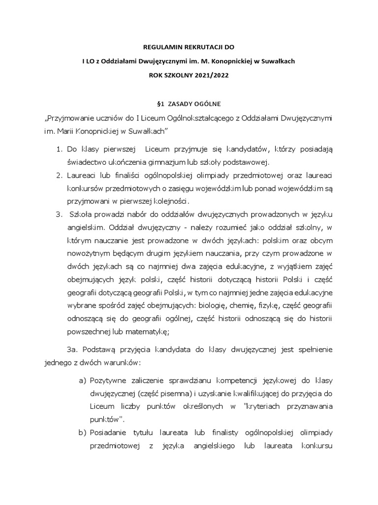 Regulamin Rekrutacji Do I Lo Z Oddzialami Dwujezycznymi Im. M ... Regulamin Rekrutacji Do I Lo Z Oddzialami Dwujezycznymi Im. M ...