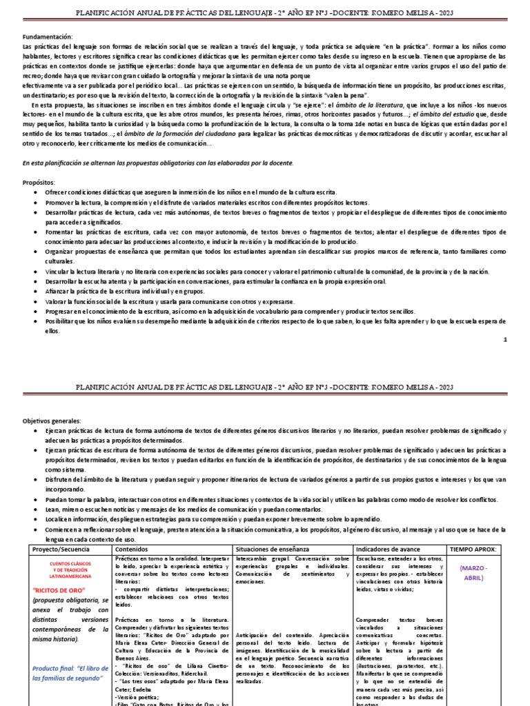 Planificación Anual Lengua 2º Grado 2023 | PDF | Escritura | Aquisición ...