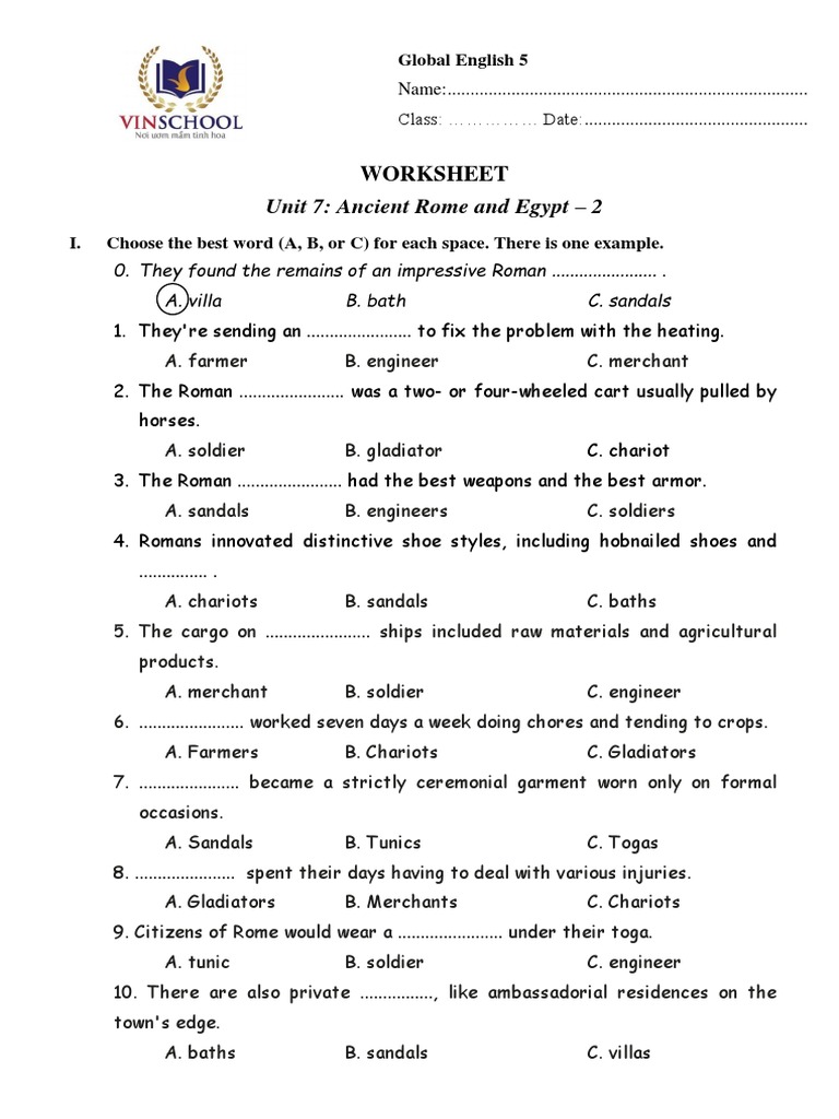 Unit 7: Ancient Rome and Egypt - 2: Worksheet | PDF | Roman Empire | Meal