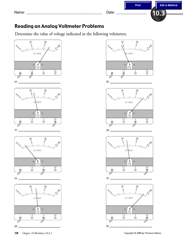 4 - Reading An Analog Voltmeter Problem Worksheet | PDF | Voltage | Volt