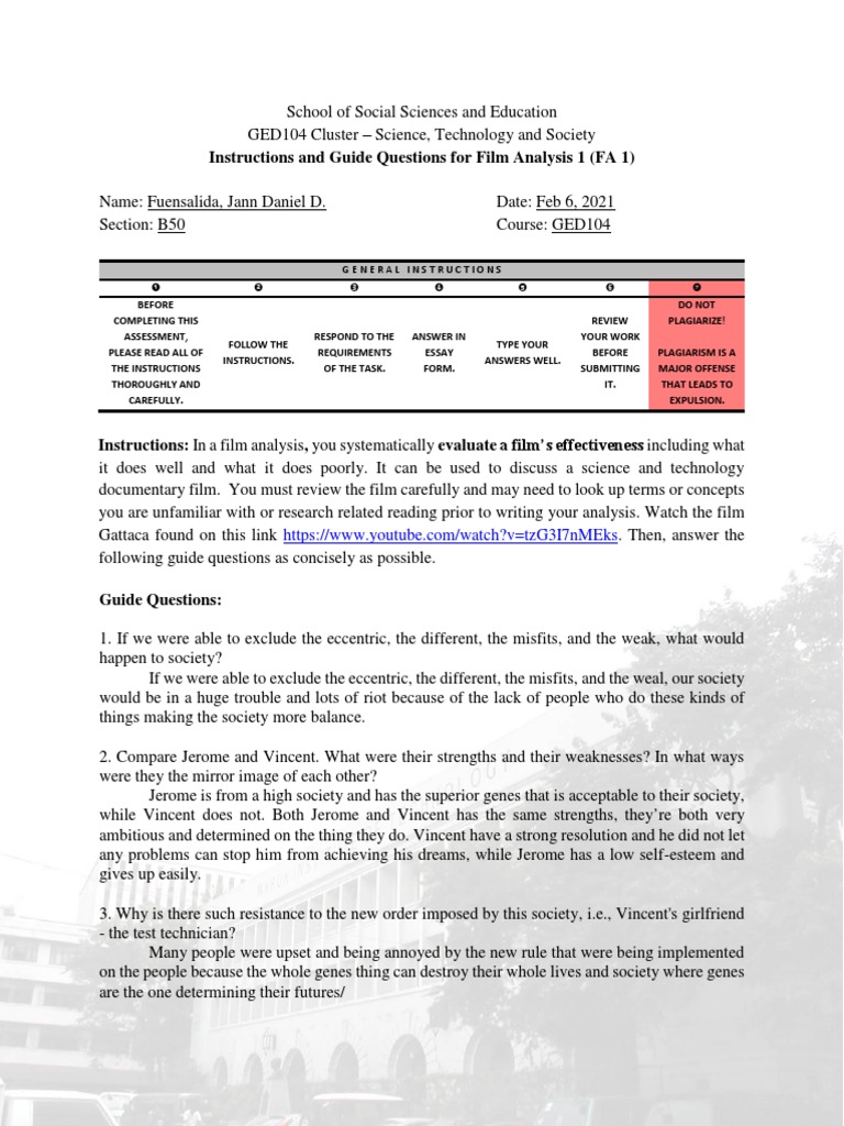 Film Analysis 1 (FA 1) - Gattaca Movie PDF | PDF | Genetics | Genetic Engineering