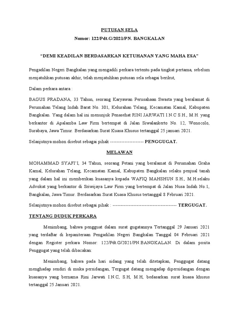 Putusan Sela Perkara Perdata Bangkalan | PDF