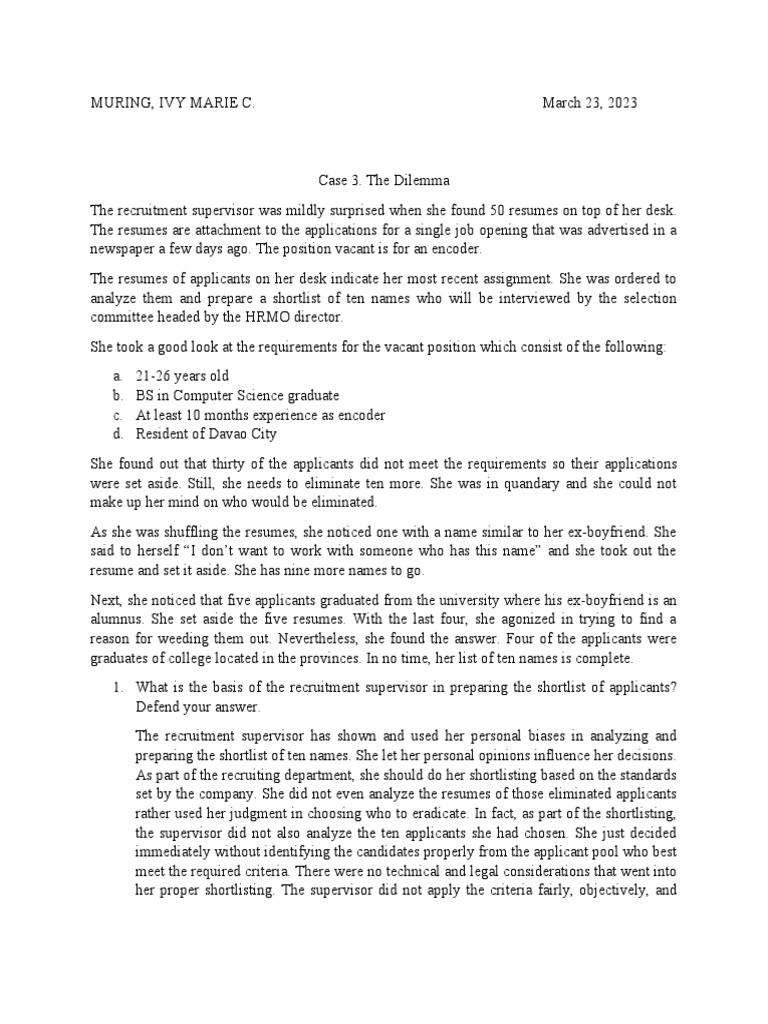 Case 3 For Assignment: The Dilemma | PDF | Recruitment | Bias