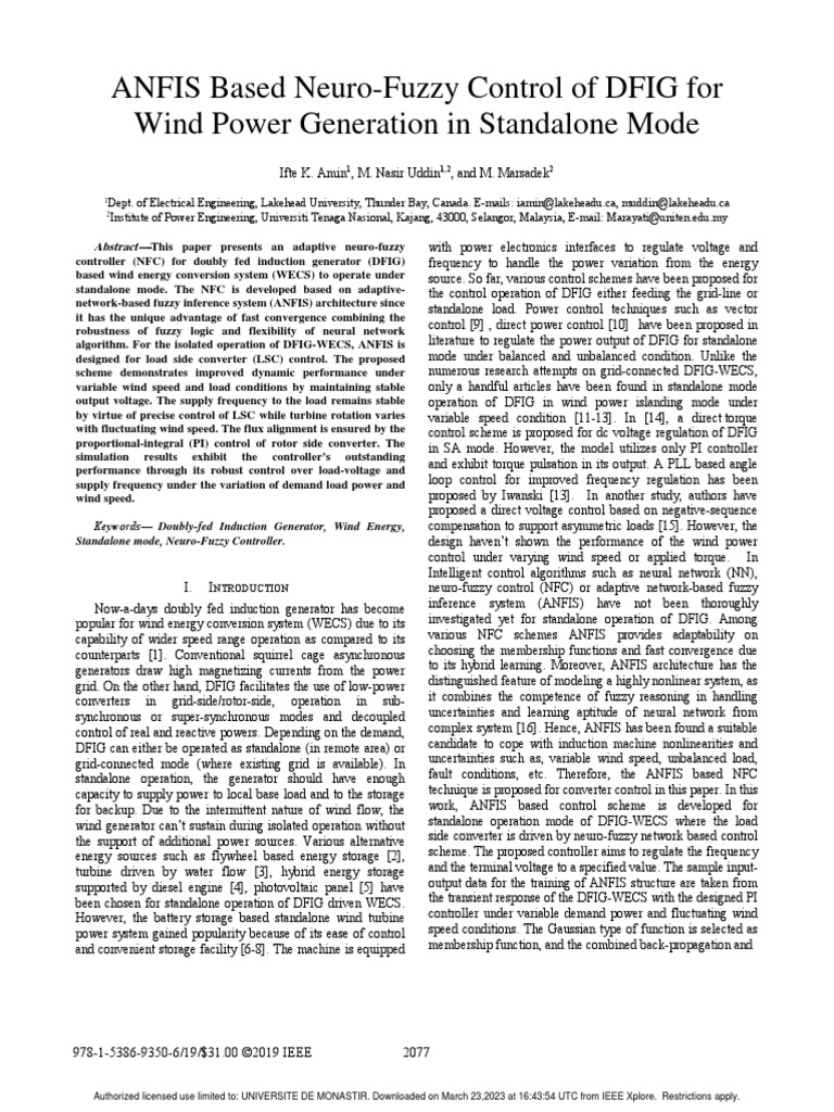 ANFIS Based Neuro-Fuzzy Control of DFIG For Wind Power Generation in ...