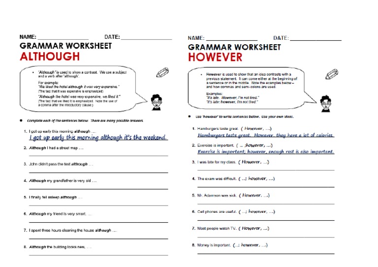 Although and However Worksheets | PDF